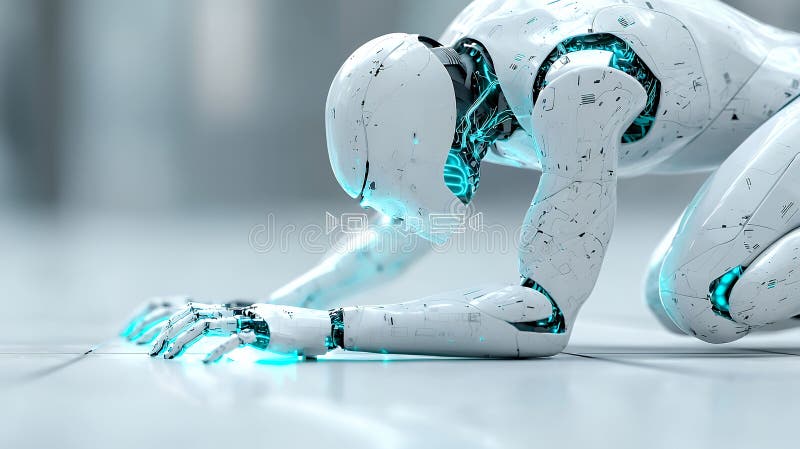 Robot Crawling on Floor with Glowing Blue Lights in Futuristic ...