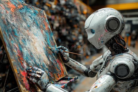 A Robot Creating Art on a Canvas with Brushes and Paints Stock Image ...