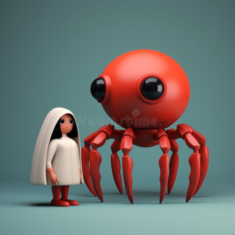 Minimalist 3d Illustration: Small Female Creature with Red Toy Crab ...