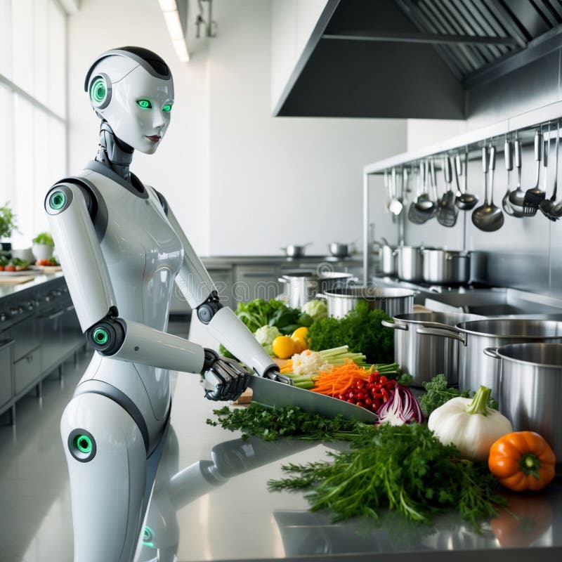 Robot Cutting Salad in the Kitchen Stock Illustration - Illustration of ...