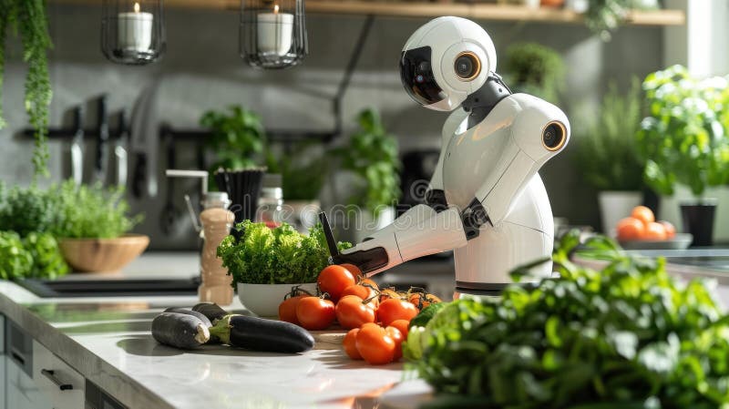 Robot Cutting Vegetables in Kitchen Stock Image - Image of automation ...