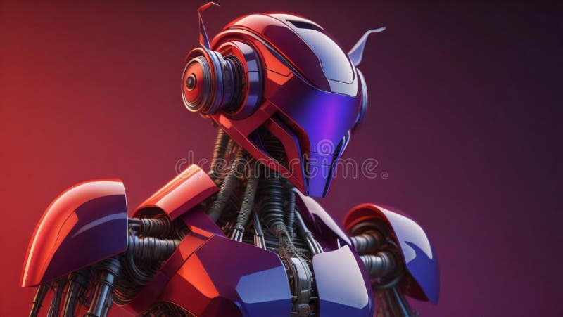 Robot or Cyborg with Headphones on Red Background. Generative Ai Stock ...