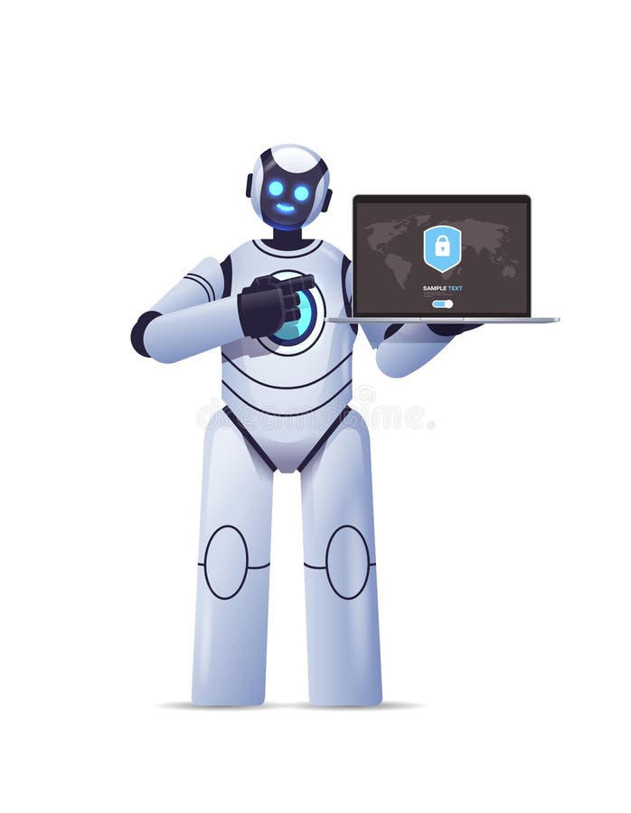 Robot Cyborg Holding Laptop with Protection Shield Cyber Security Data ...