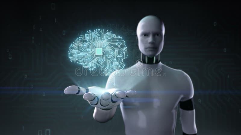 Robot Cyborg Open Palm, Brain Shape of Head Connect Digital Lines, Grow ...