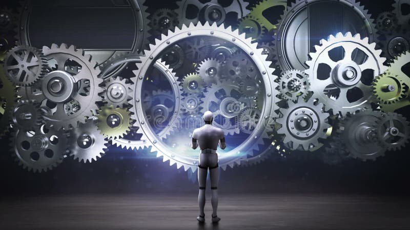 Robot, Cyborg Standing Big Gear Wheels, Connecting Gear Wheels ...