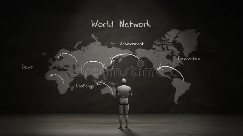 Robot Cyborg Standing World Map, Handwriting `World Network`, Using ...