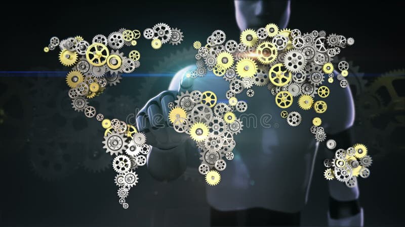 Robot, Cyborg Touched Screen, Steel Golden Gears Making Global World ...