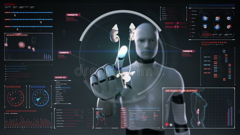 Robot, Cyborg Touching Digital Screen, Scanning Kidneys in Digital ...
