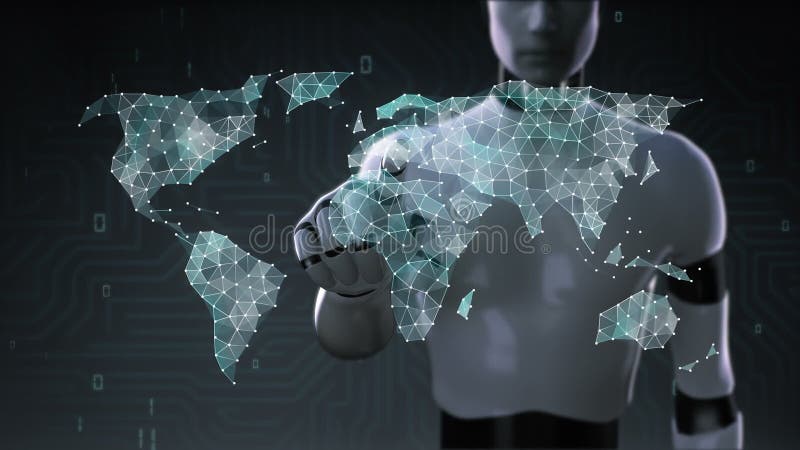 Robot, Cyborg Touched Screen, Steel Golden Gears Making Global World ...