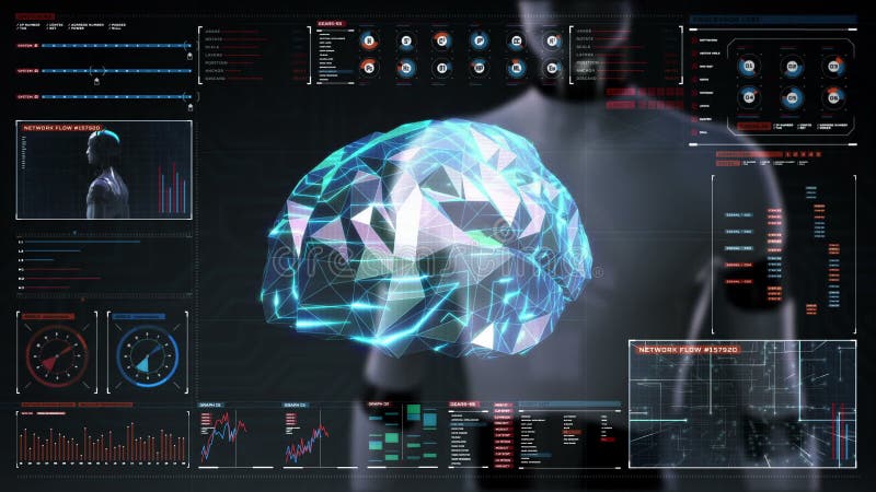 Robot Cyborg Touching Polygon Brain, Connect Digital Lines in Digital ...