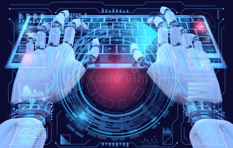 3d Robot Ai Cyborg Typing on Keyboard. Sci Fi Hologram Control Panel ...