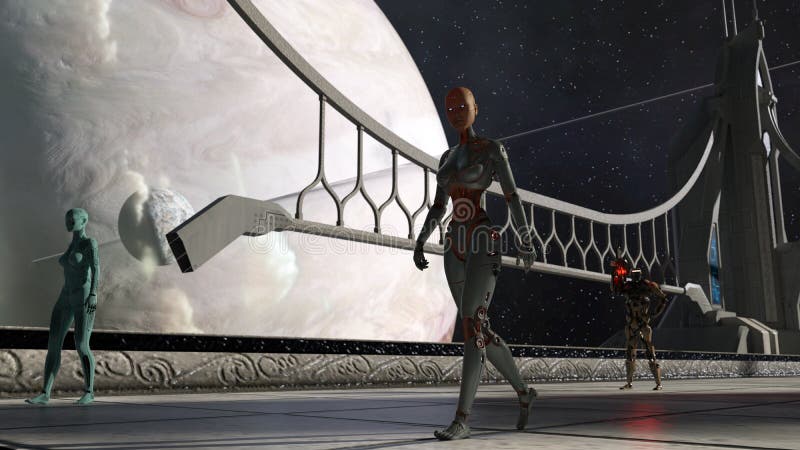 Robot and Cyborgs on a Space Base Stock Illustration - Illustration of ...