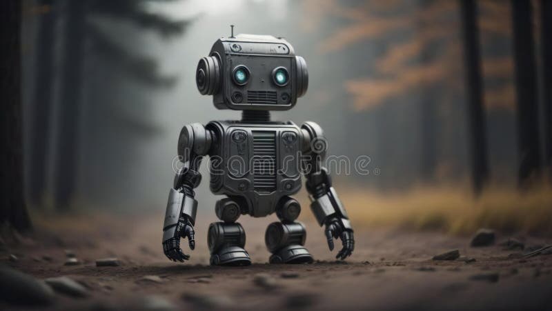 A Robot in a Dark Forest, Generative Ai Stock Illustration ...
