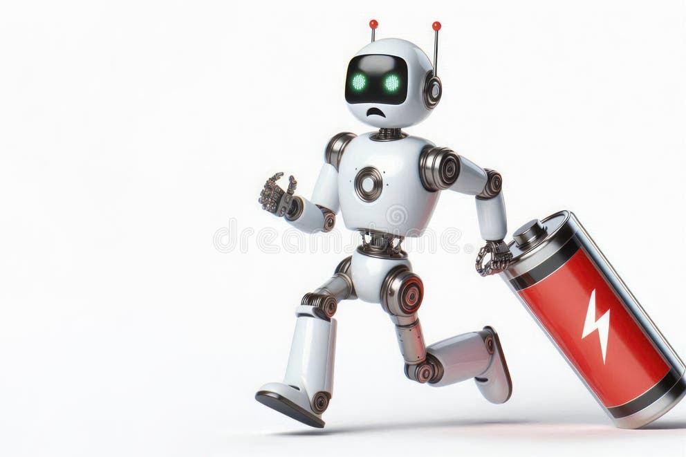 A Robot with a Dead Battery in a Panic. Space for Text. Stock Image ...