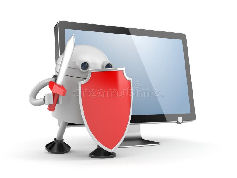 Robot Defends the Desktop Computer. Robot with Red Shield and Sword ...