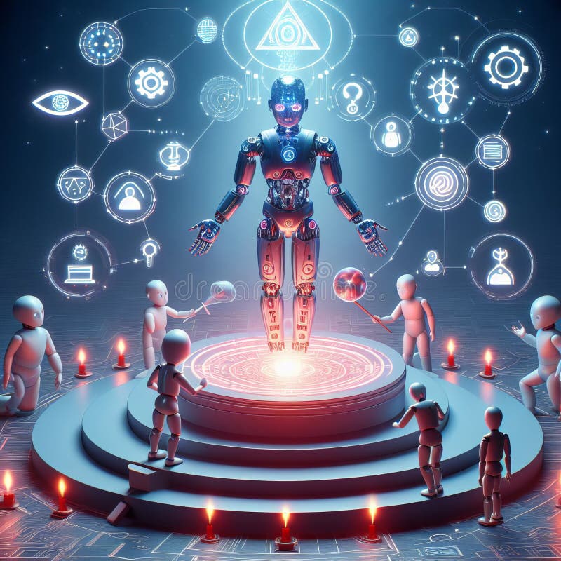 Robot Deity Surrounded by Worshipping Mini Robots in a Digital Temple ...