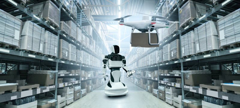 Robot with delivery drone stock photo. Image of storage - 243762402