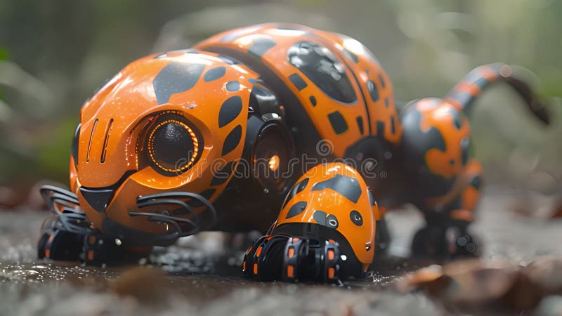 Robot Designed Like a Leopard Moving through Rain. Robot Cat Stock ...