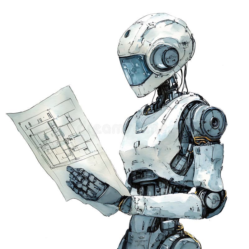 Robot Designer Studies Blueprint of Modern Building Construction Stock ...