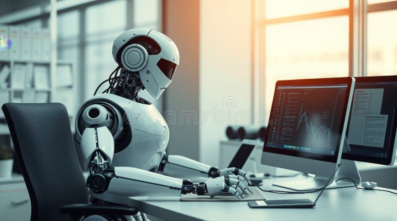 Robot at a Desk Using Dual Monitors in a Modern Office, Illustrating ...