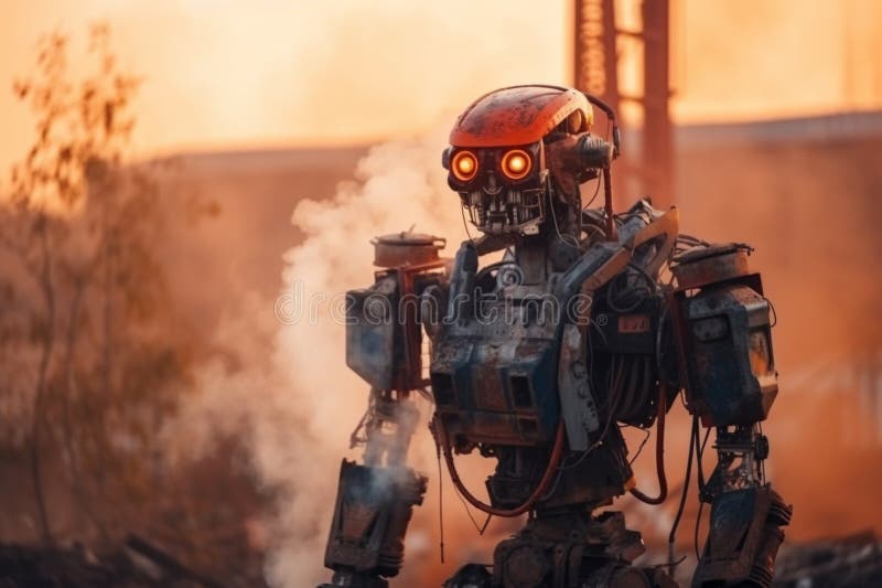 A Robot with a Destroyed City after the End of the World. AI Generative ...