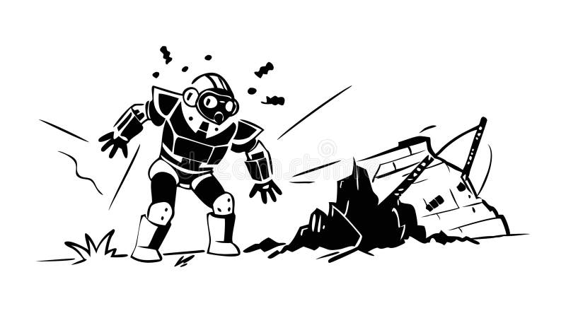 Robot in Destroyed City, Post-Apocalyptic Landscape, Vector Design ...