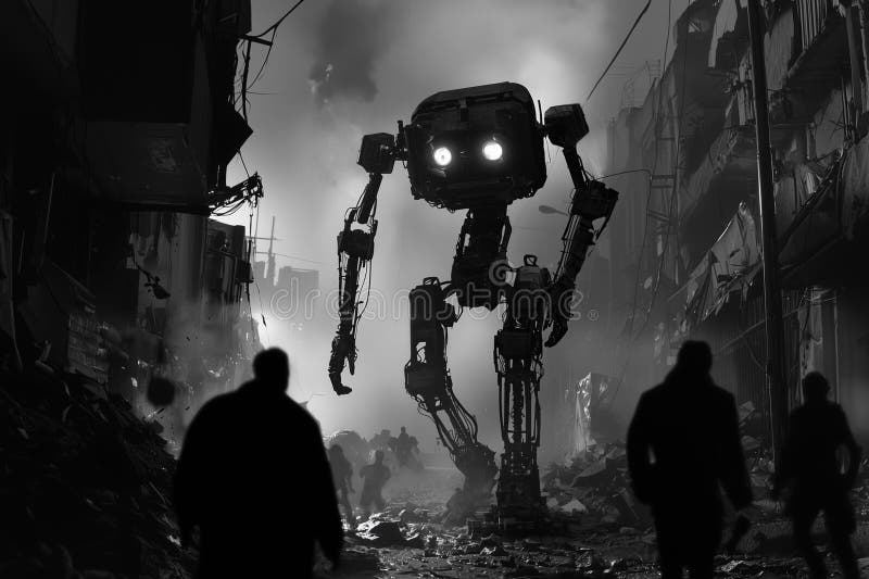 Robot in a Destroyed Urban Area with People in Silhouette Stock ...