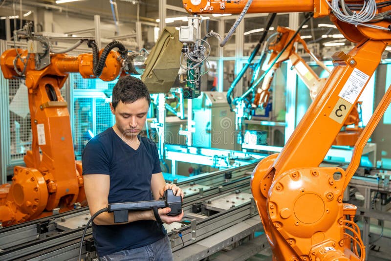 Robot Diagnostics Using Special Software in the Factory Stock Photo ...