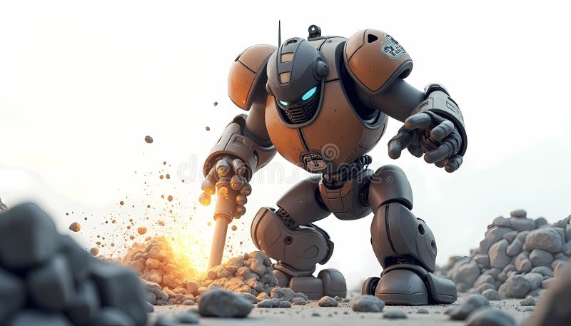Robot Digging with Tool on Rocky Ground Stock Illustration ...