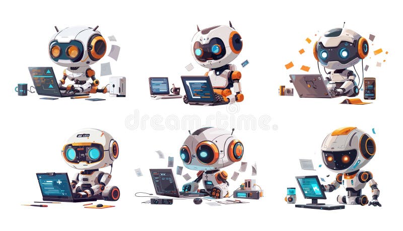 Robot Digital Tasks Cartoon Vector Scenes. Large Eyes Sensors Keyboard Desktop Computer Mobile ...