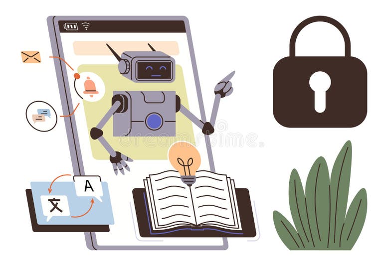 Robot with Digital Tools Illustrating AI in Language Learning and Data ...