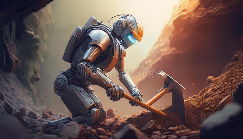 Robot digs gold in a mine stock illustration. Illustration of face ...