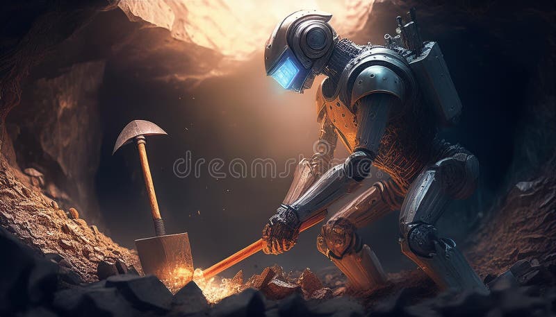 Robot digs gold in a mine stock illustration. Illustration of cartoon ...