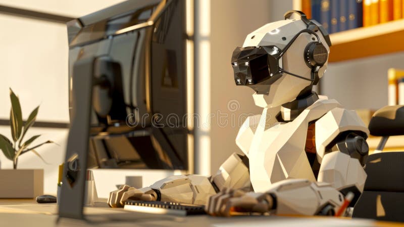 Futuristic Office Worker Robot on a Computer in Modern Workspace ...