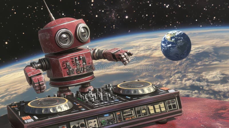 Robot DJ in Cosmic Set, Playing Music for Interstellar Crowd ...