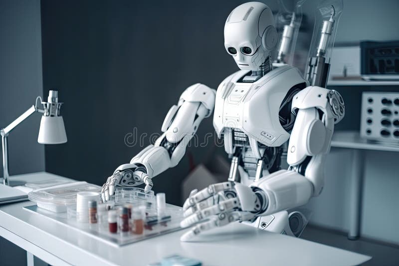 Robot Doctor Adjusting Iv Drip and Preparing Medications for Patient ...