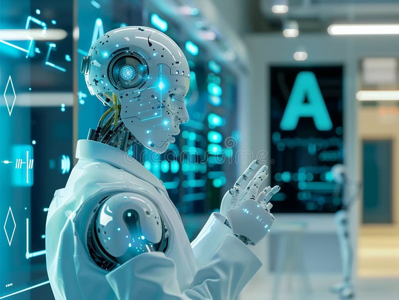 Robot Doctor Examining Data in Lab Stock Illustration - Illustration of ...