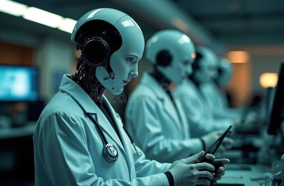 A Robot Doctor in a Lab Coat, with a Stethoscope. the Robot Doctor is ...