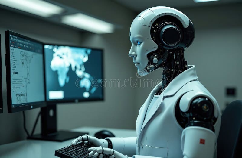A Robot Doctor in a Lab Coat, with a Stethoscope. the Robot Doctor is ...