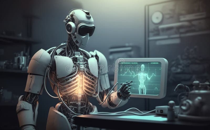 A Robot Doctor Works on a Computer, Generative Ai Stock Illustration ...