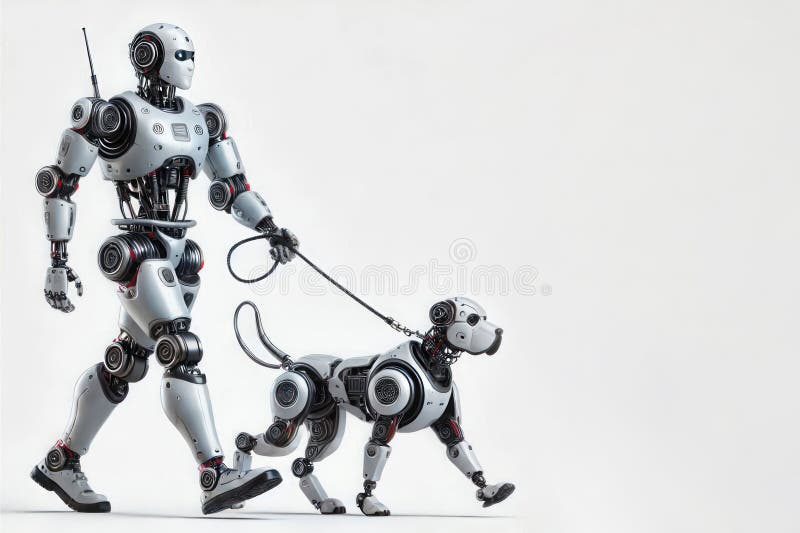 Robot with Dog on Leash on Light Background. Space for Text. Stock ...
