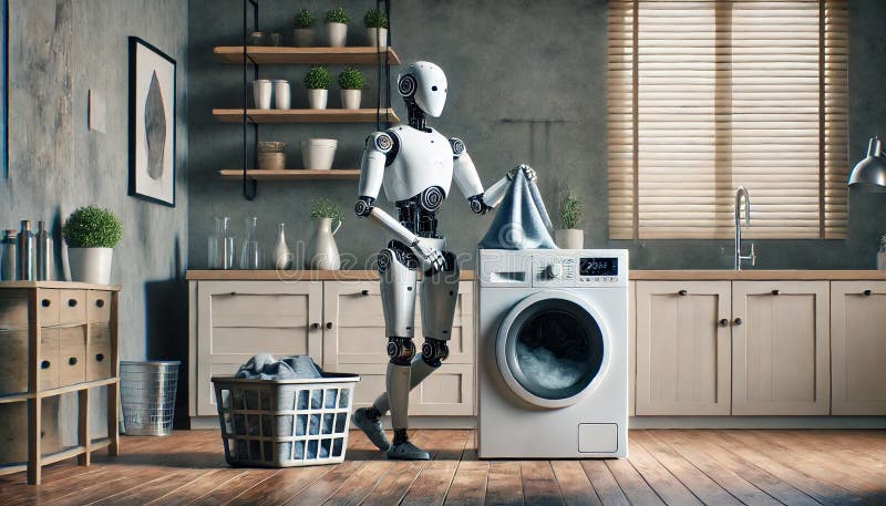 Robot Doing Laundry in a Modern Home Setting Stock Illustration ...