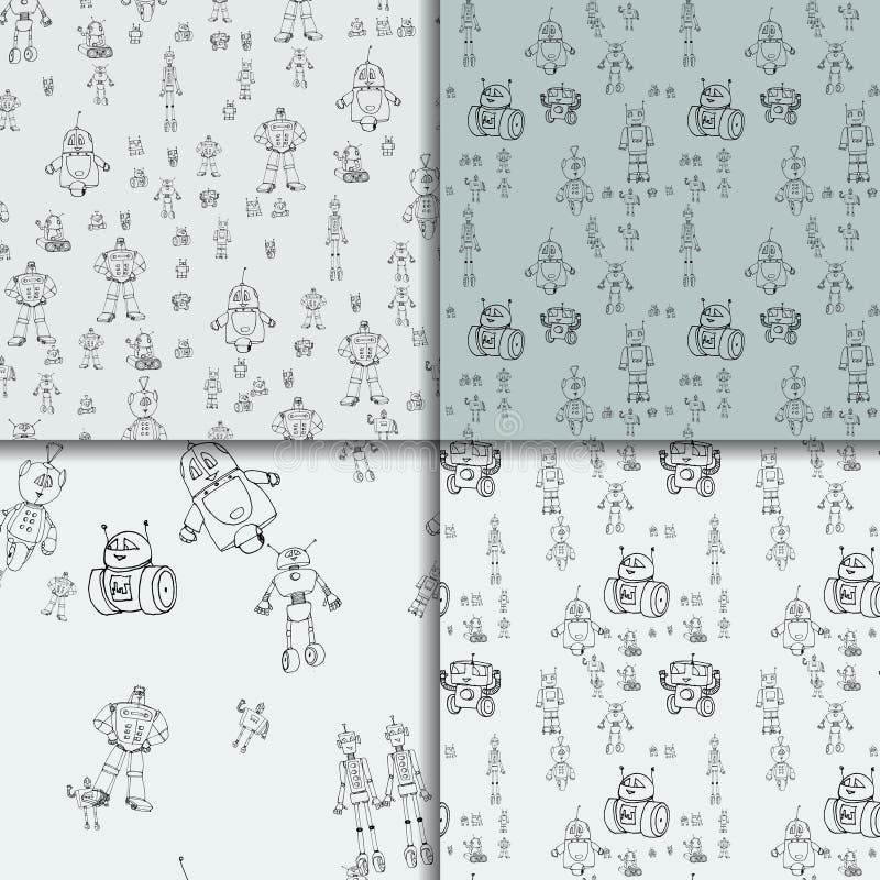 Robot doodles pattern set. stock vector. Illustration of antenna ...
