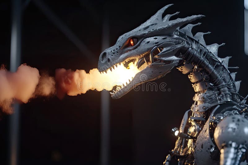 The Robot Dragon Head Breathes Fire Stock Illustration - Illustration ...