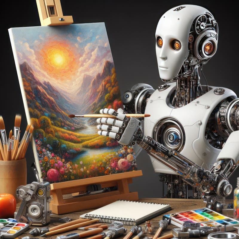 Robot Drawing Beautiful Nature in a Painting. Stock Illustration ...