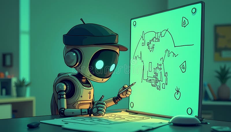 Robot Drawing on Screen stock illustration. Illustration of design ...