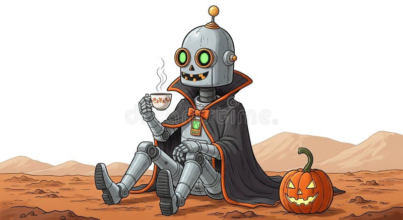 Robot Dressed As Vampire Drinking Tea with Pumpkin on a Brown Surface ...