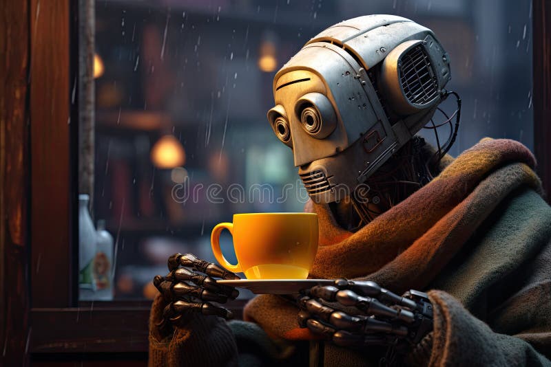 Robot Drinking Tea on a Rainy Day AI Generated Stock Illustration ...