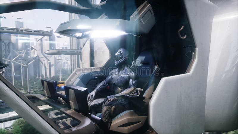 Robot Driver in Futuristic Space Ship. Future Concept. 3d Rendering ...