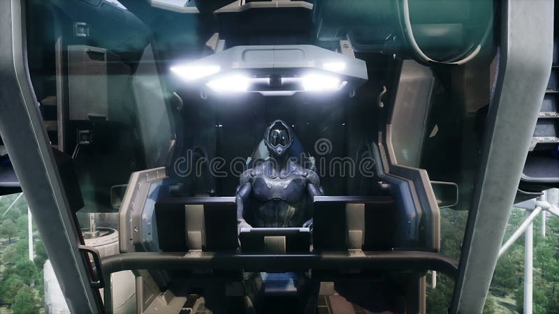Robot Driver in Futuristic Space Ship. Future Concept. Realistic 4k ...